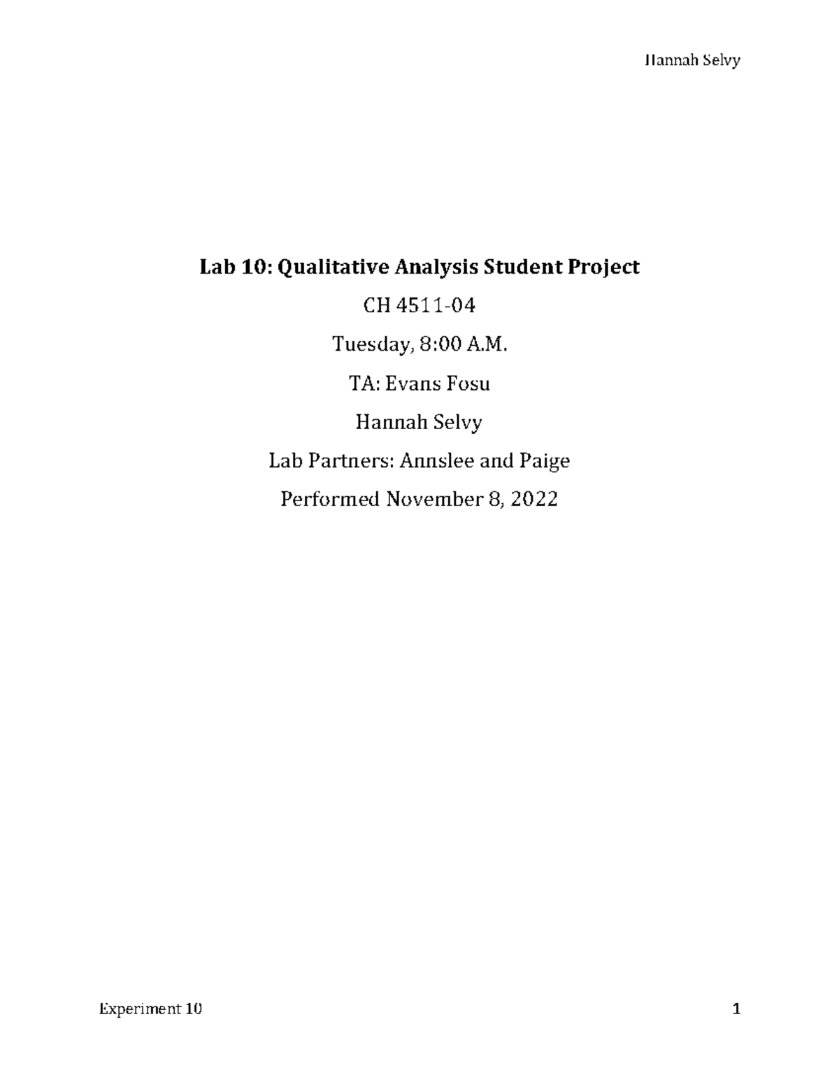 Lab Report Final: Qualitative Analysis of Unknowns - CH 4511 - Studocu