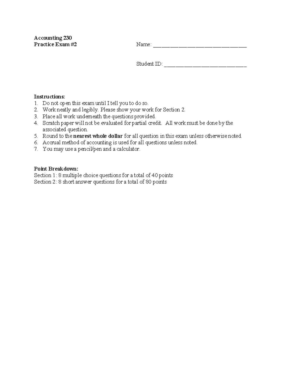 Accounting 230 Practice Exam #2: Inventory & Depreciation Problems - Studocu