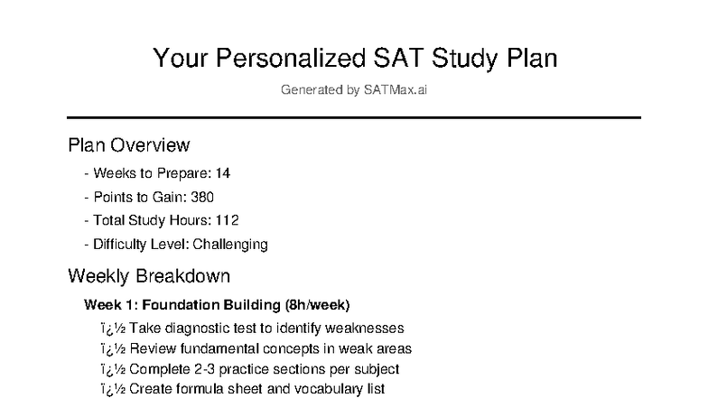 SATMax.ai Personalized SAT Study Plan: 14-Week Prep Guide - Studocu