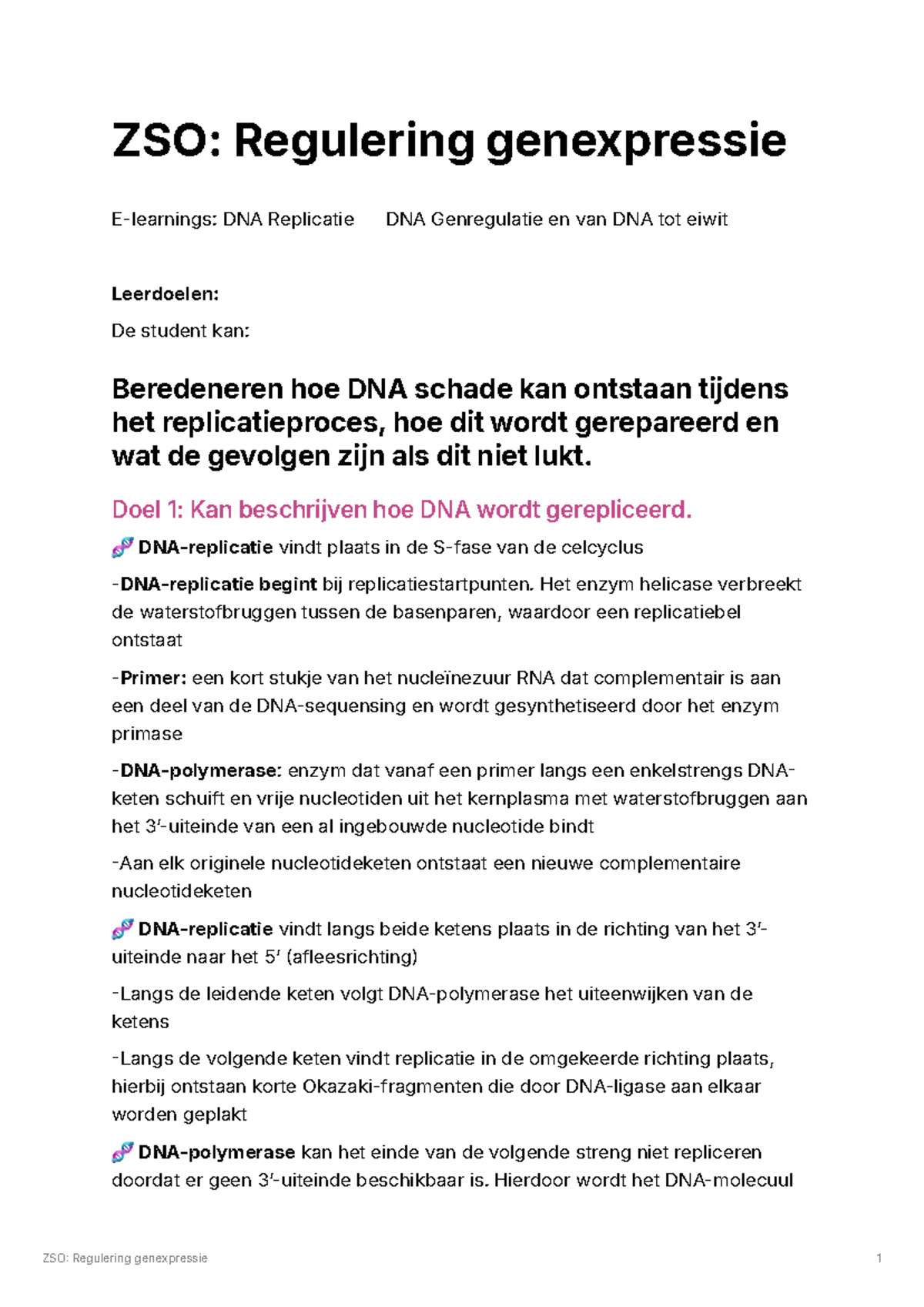 ZSO: Genexpressie en DNA-regulatie - Leerdoelen en Processen - Studeersnel