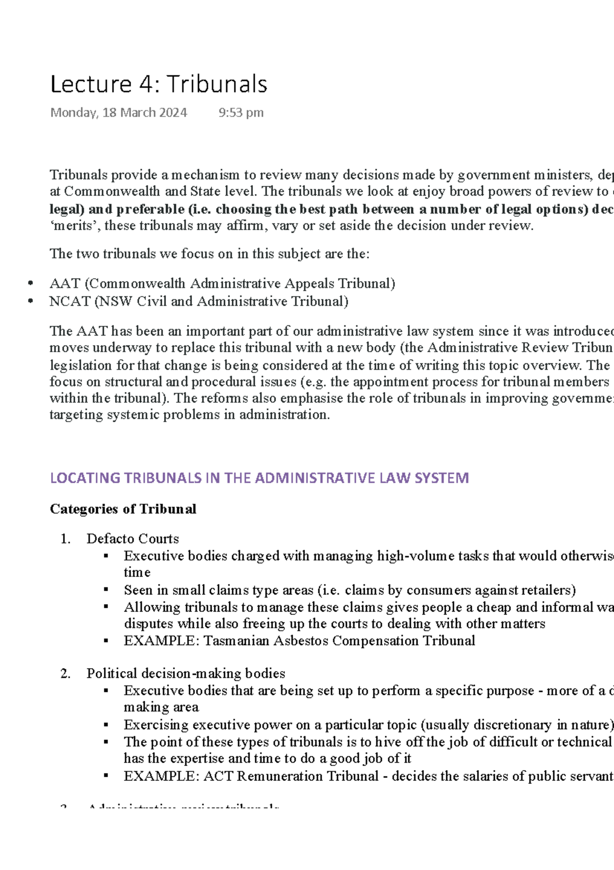 Lecture 4: Understanding Tribunals in Administrative Law (LAW101) - Studocu