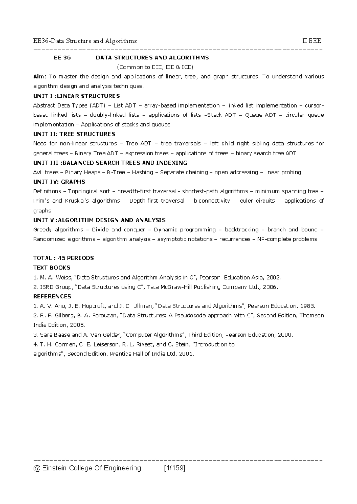 Structure and Algorithms II EE 36: Data Structures & Algorithms ...