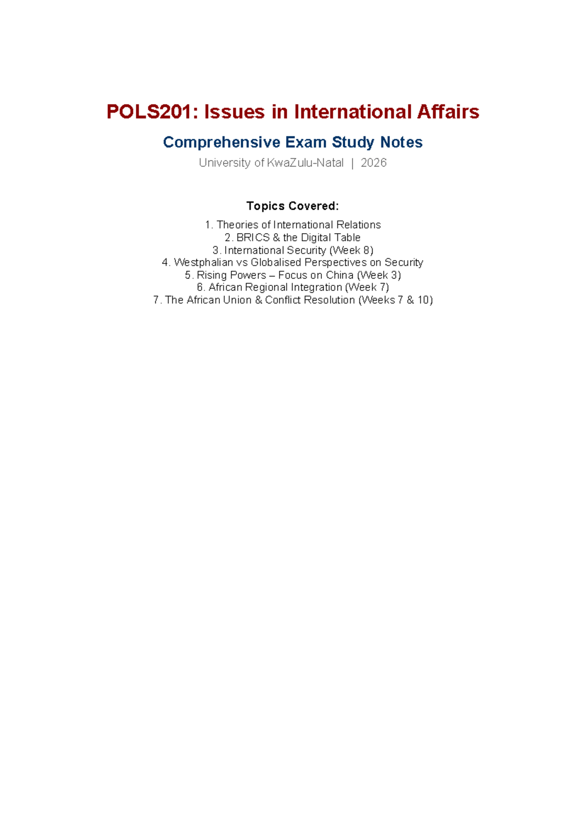 POLS201: Comprehensive Study Notes for June Exams on International ...