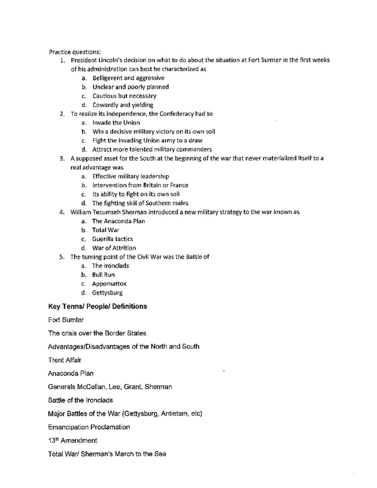 AP U.S. History: Civil War Practice Questions and Key Concepts - Studocu