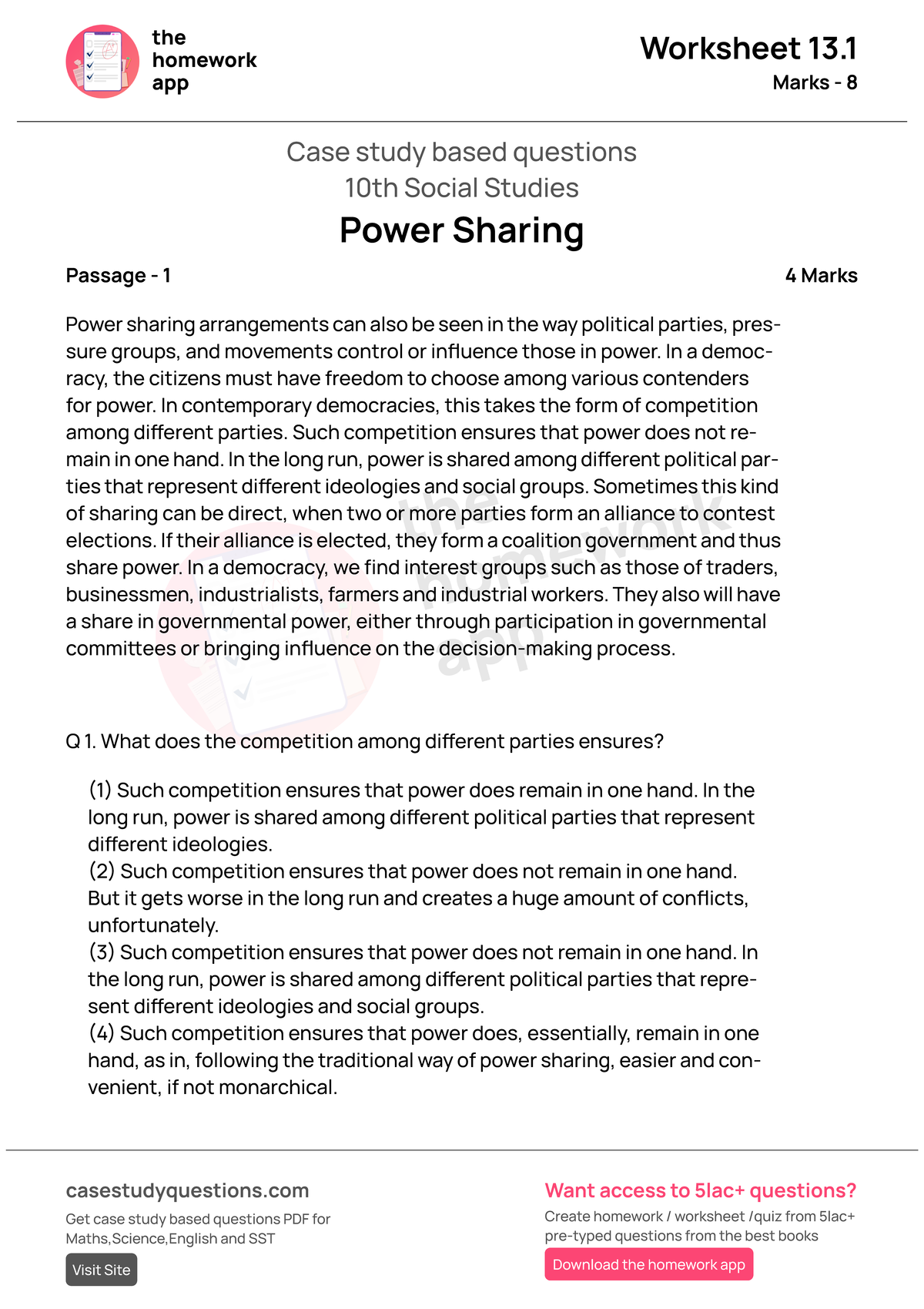 Case Study Questions: Power Sharing - 10th Social Studies Worksheet 13. ...