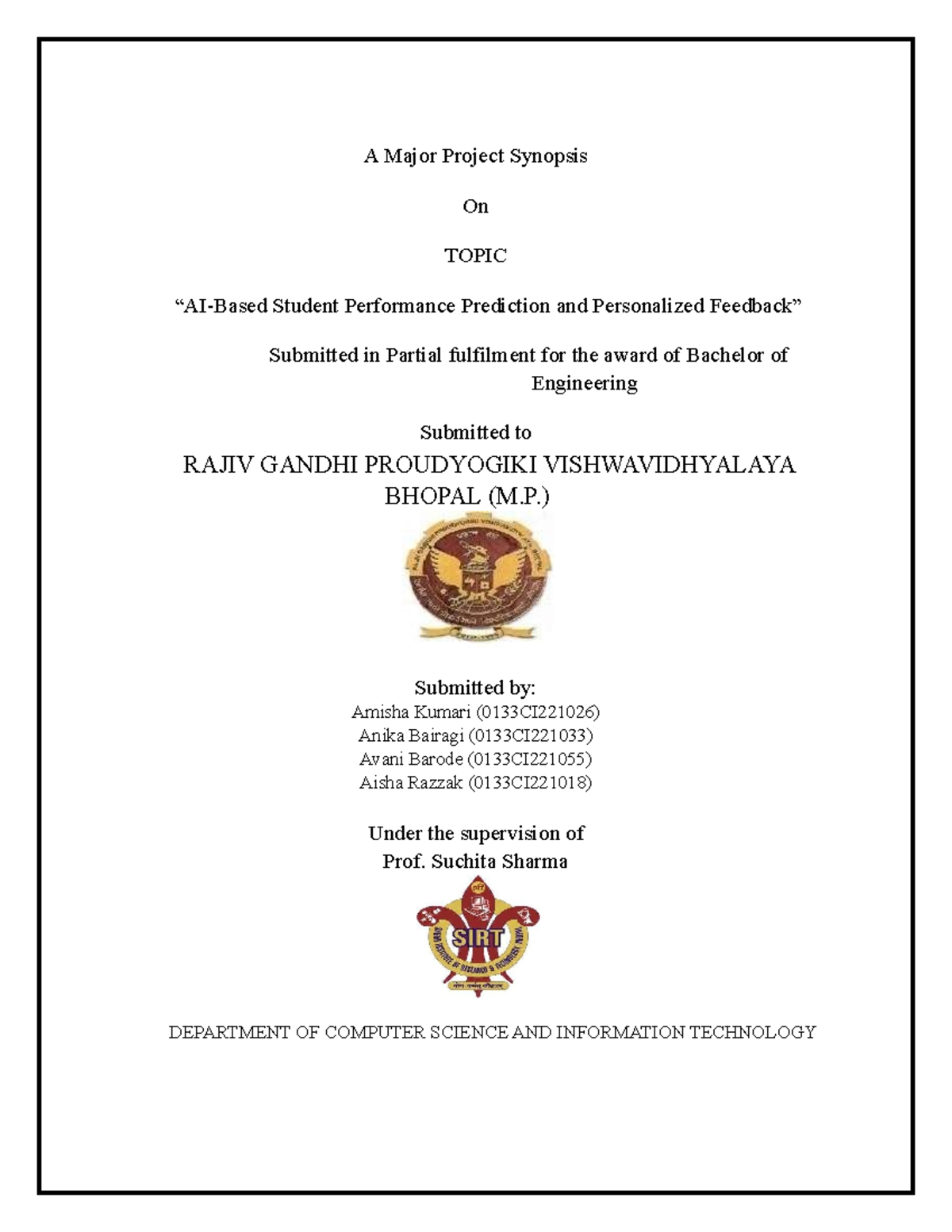 Student Performance Prediction & Personalization Project Synopsis ...