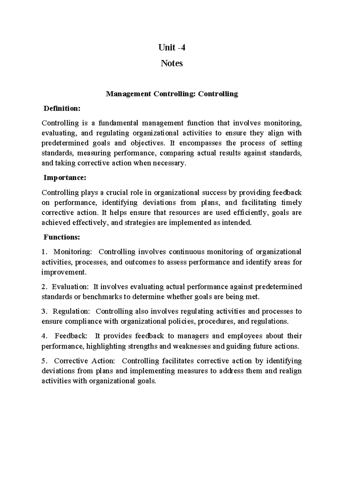 Unit-4 PME Notes: Understanding Management Controlling Functions - Studocu