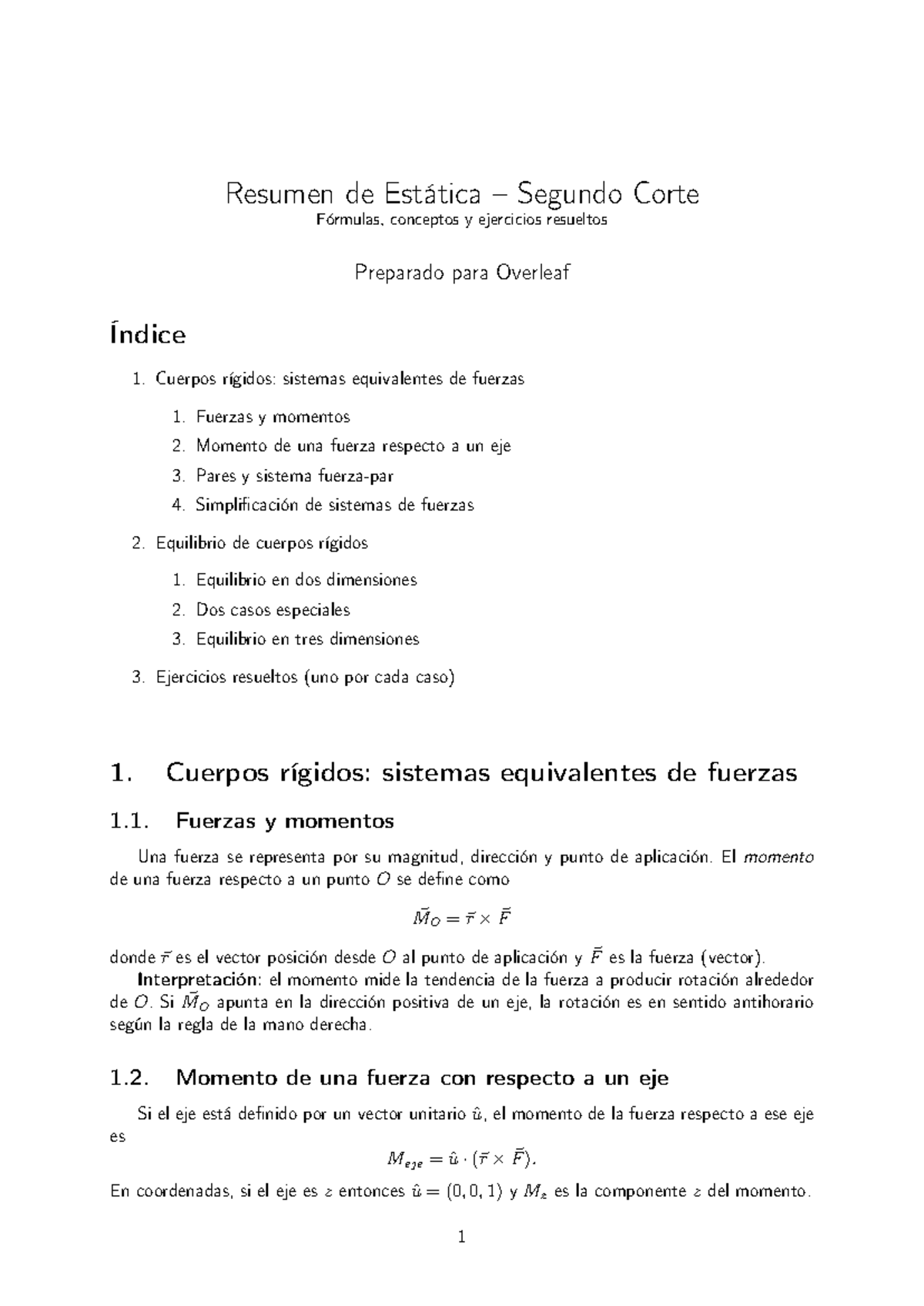 Estática: Resumen Segundo Corte - Fórmulas y Ejercicios Resueltos - Studocu