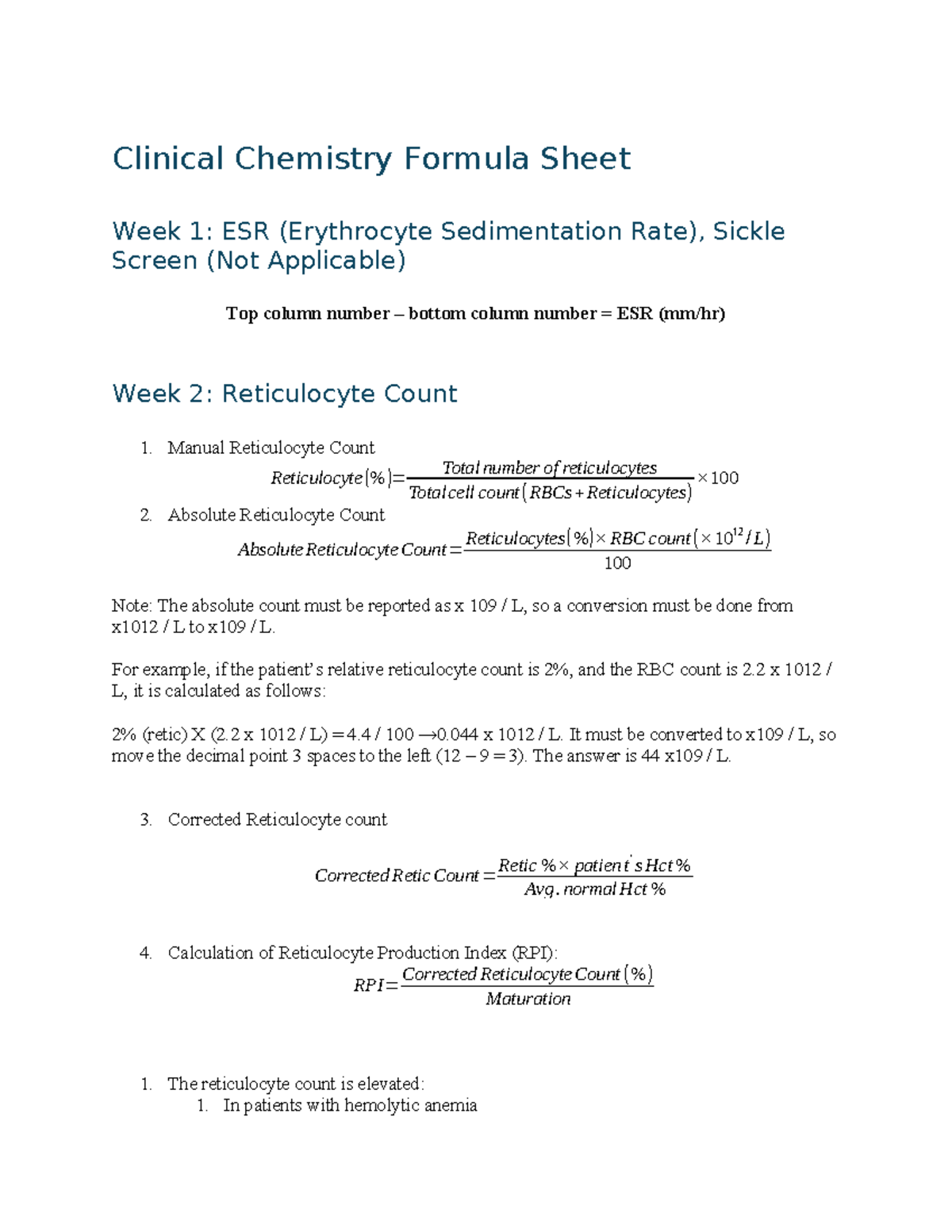 Clinical Chemistry Laboratory Formula Sheet - Clinical Chemistry ...