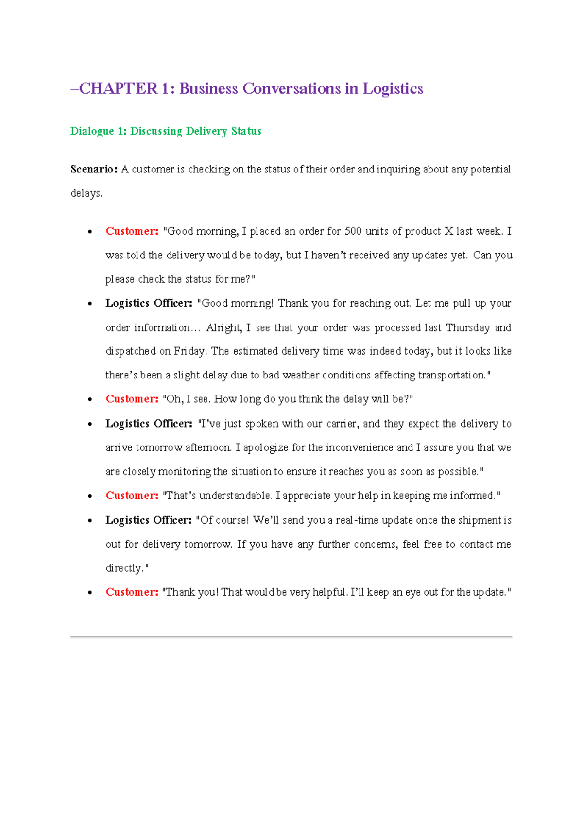 Business Conversations in Logistics: Delivery Status & Issues - Studocu