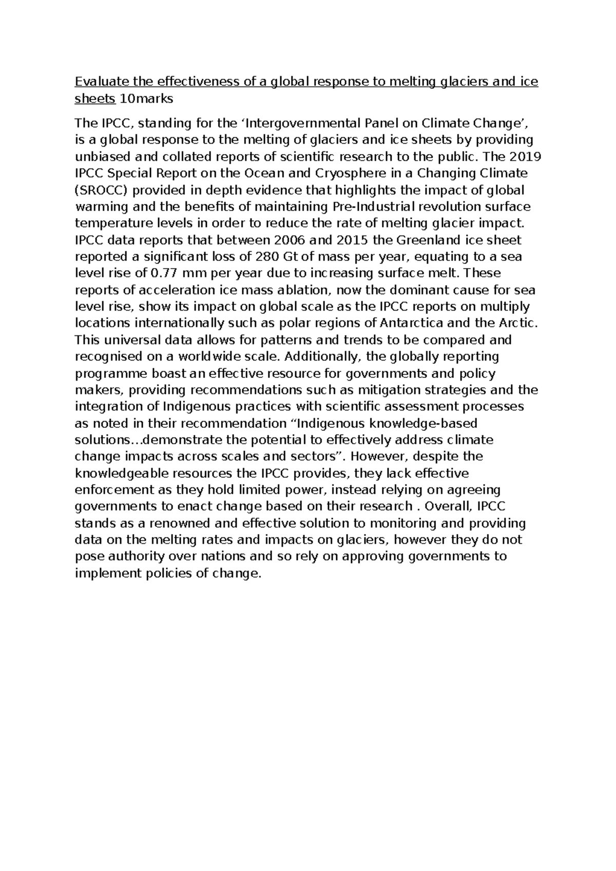 SAC 10 Marker: Evaluating Global Responses to Melting Glaciers - Studocu