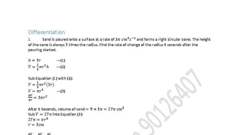 Differentiation (12) - Rate of Change in Cone Volume and Radius - Studocu