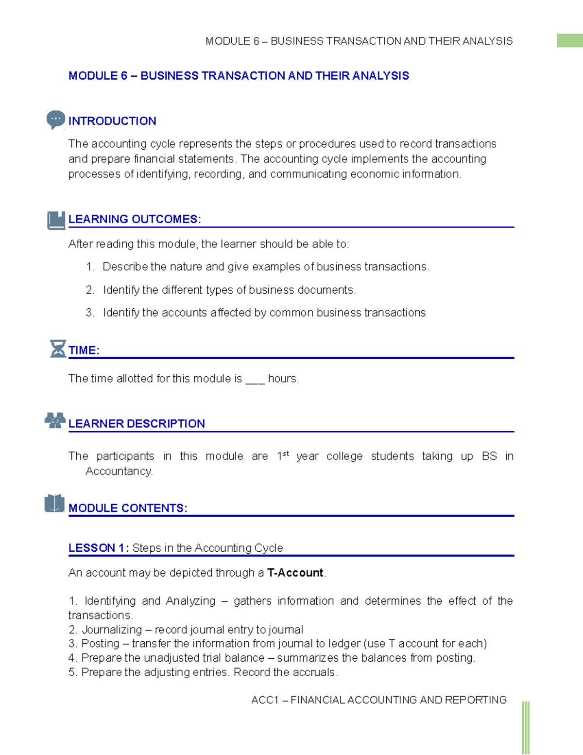 Module 6 - Business Transactions and their Analysis - MODULE 6 ...