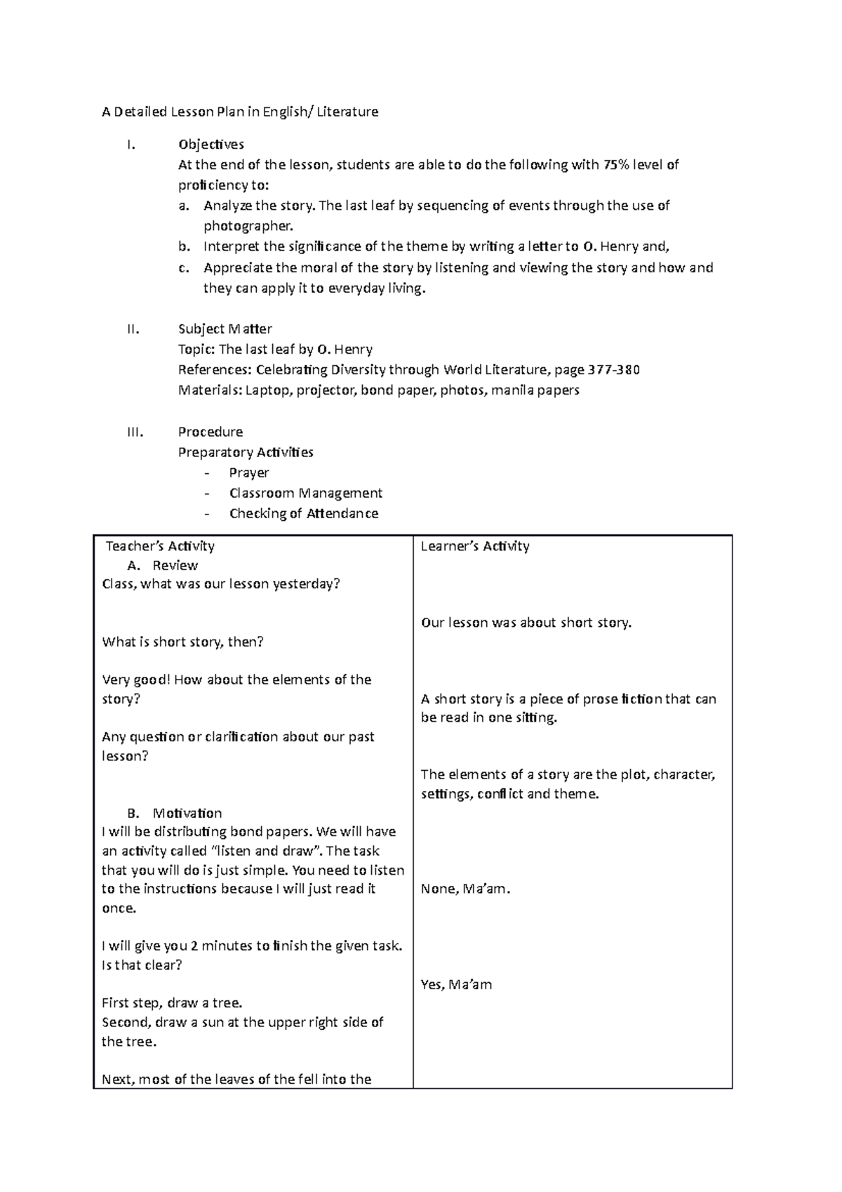 A Comprehensive Lesson Plan for English 10: "The Last Leaf" Analysis ...