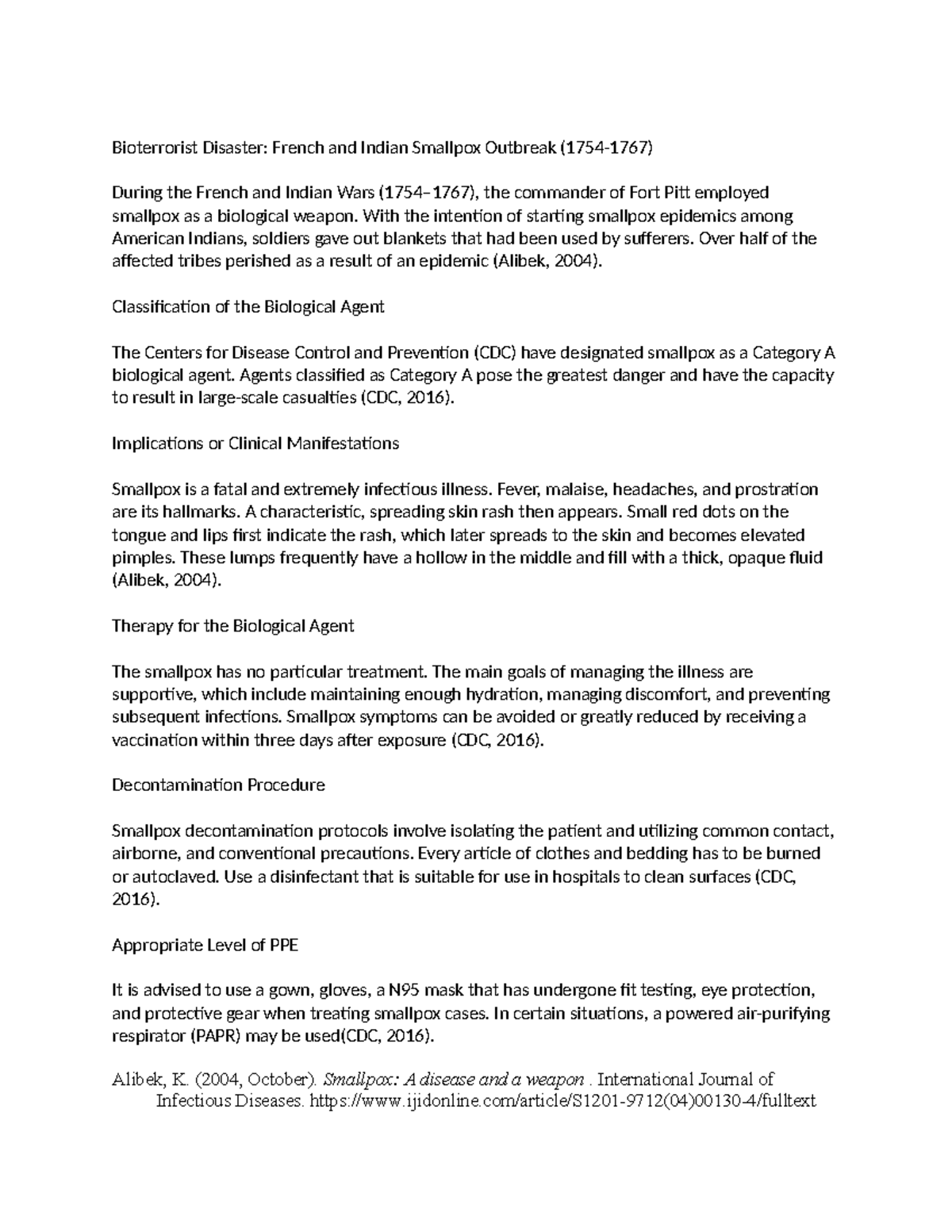 DISC-3 DISCUSSION 3 - Bioterrorist Disaster: French and Indian Smallpox ...