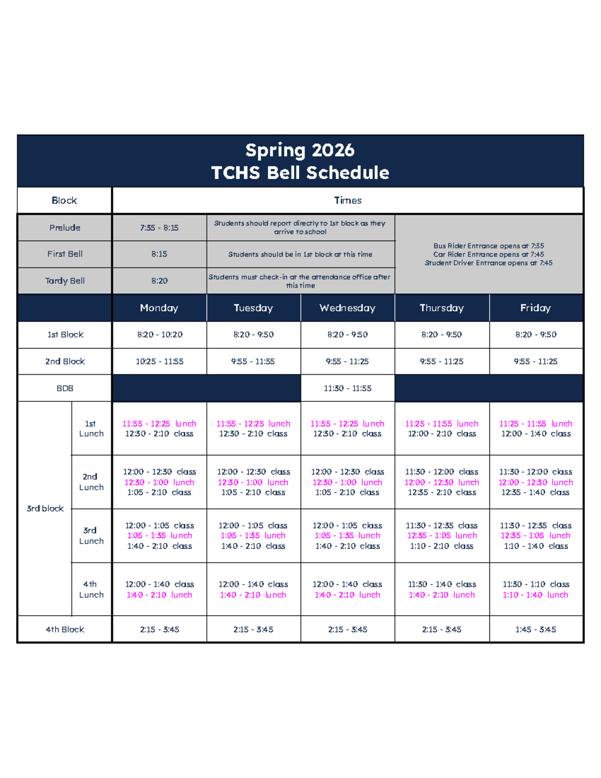 TCHS Spring 2026 Bell Schedule: Block Times & Details - Studocu
