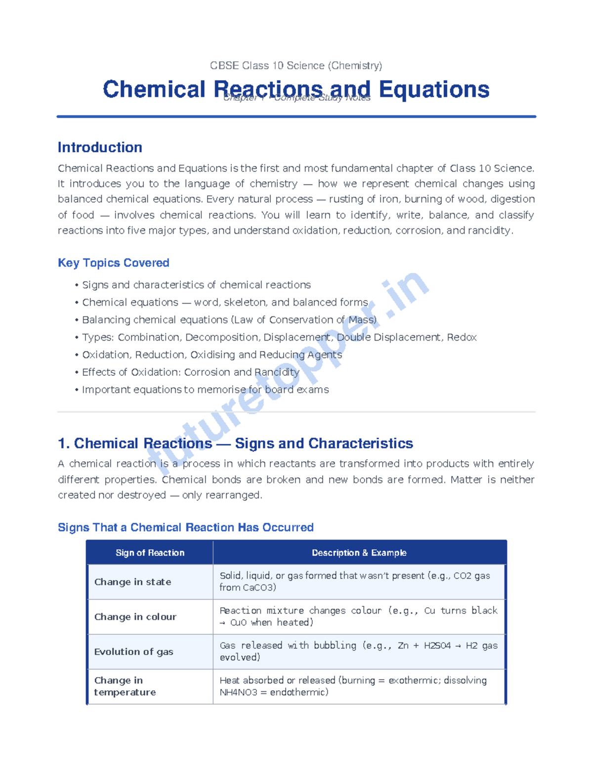 CBSE Class 10 Science: Chemical Reactions & Equations Study Notes - Studocu