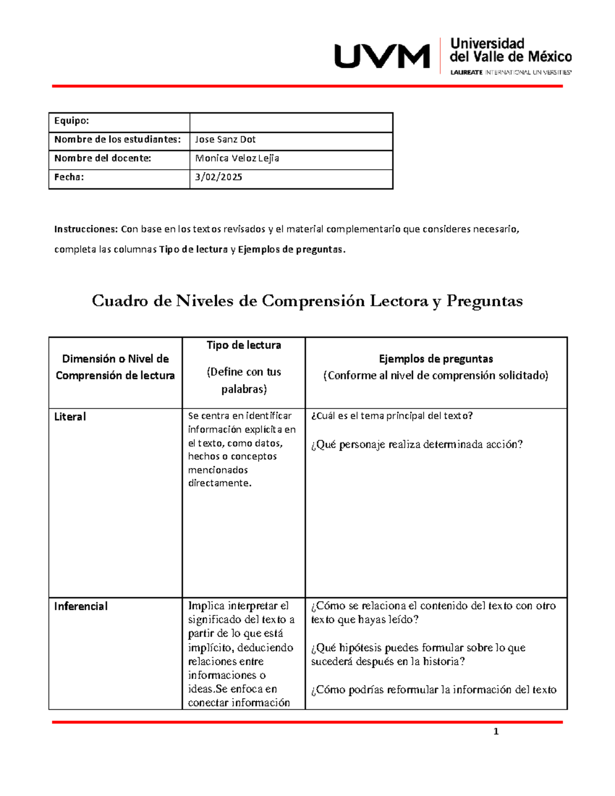 Actividad #3: Niveles de Comprensión Lectora y Ejemplos de Preguntas - Studocu