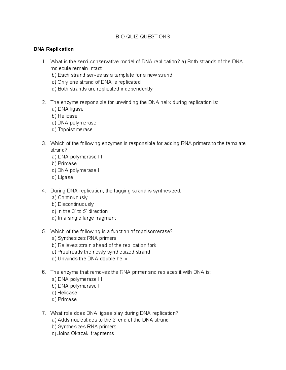 BIO QUIZ Questions - practice quiz - BIO QUIZ QUESTIONS DNA Replication ...