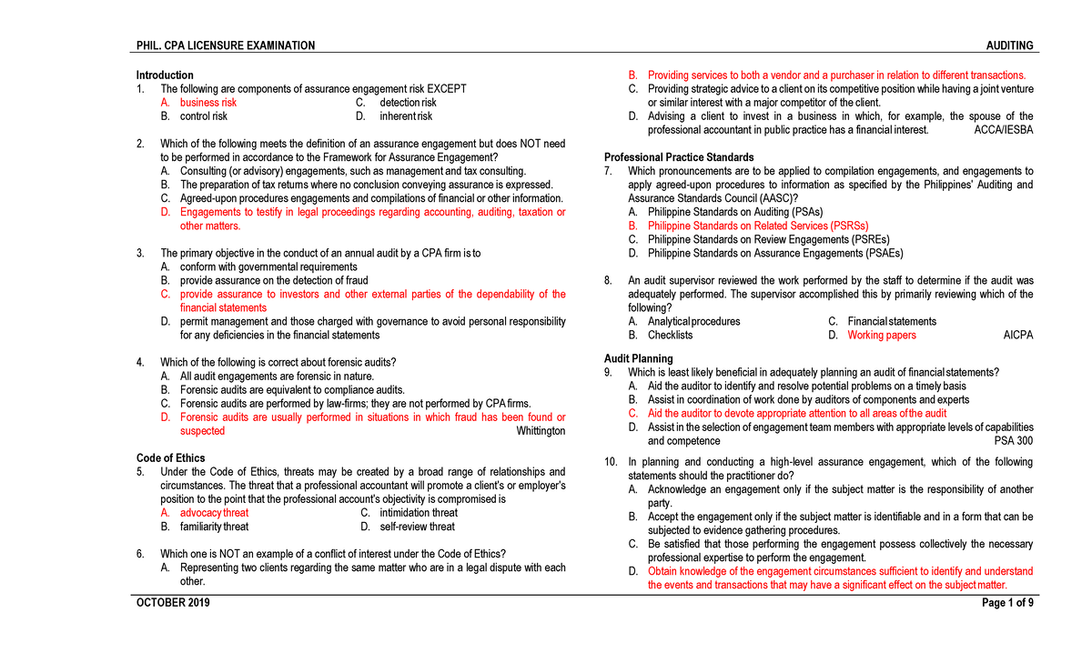 OCT Cpale 2019 AUD - Review Questions & Key Concepts for CPA Exam - Studocu