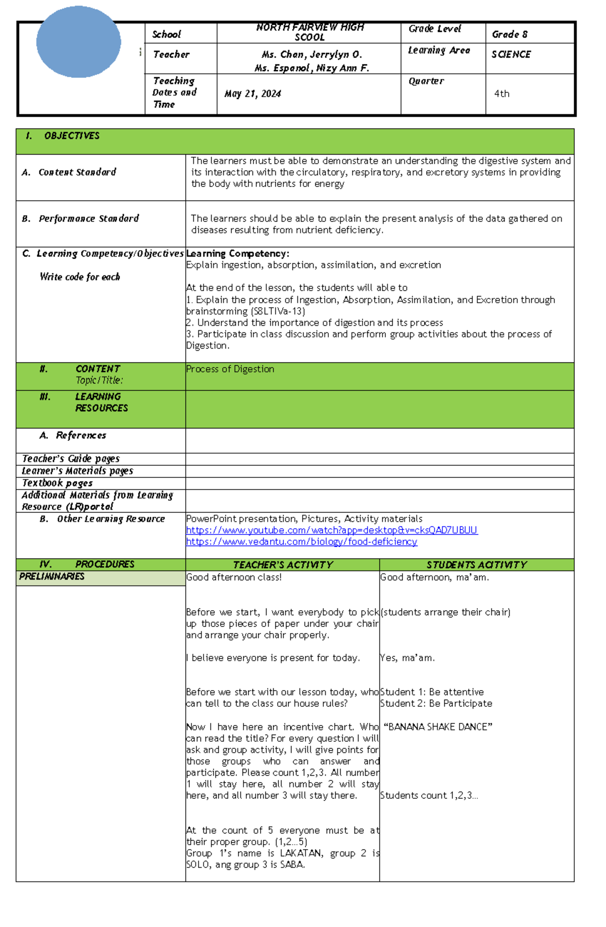 7ES Science Lesson Plan: Understanding the Digestive Process - Studocu