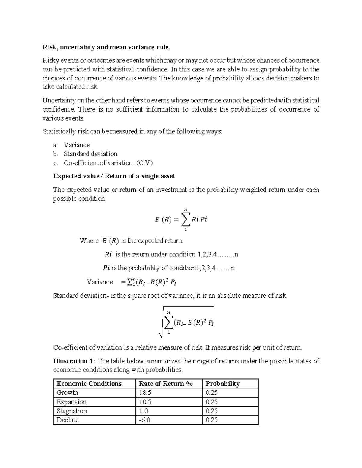 Risk Analysis and Mean Variance Rule (FIN 301) - Studocu