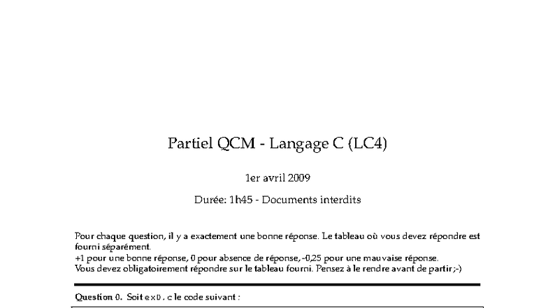 QCM Langage C (LC4) - Partiel 1er avril 2009 - Studocu