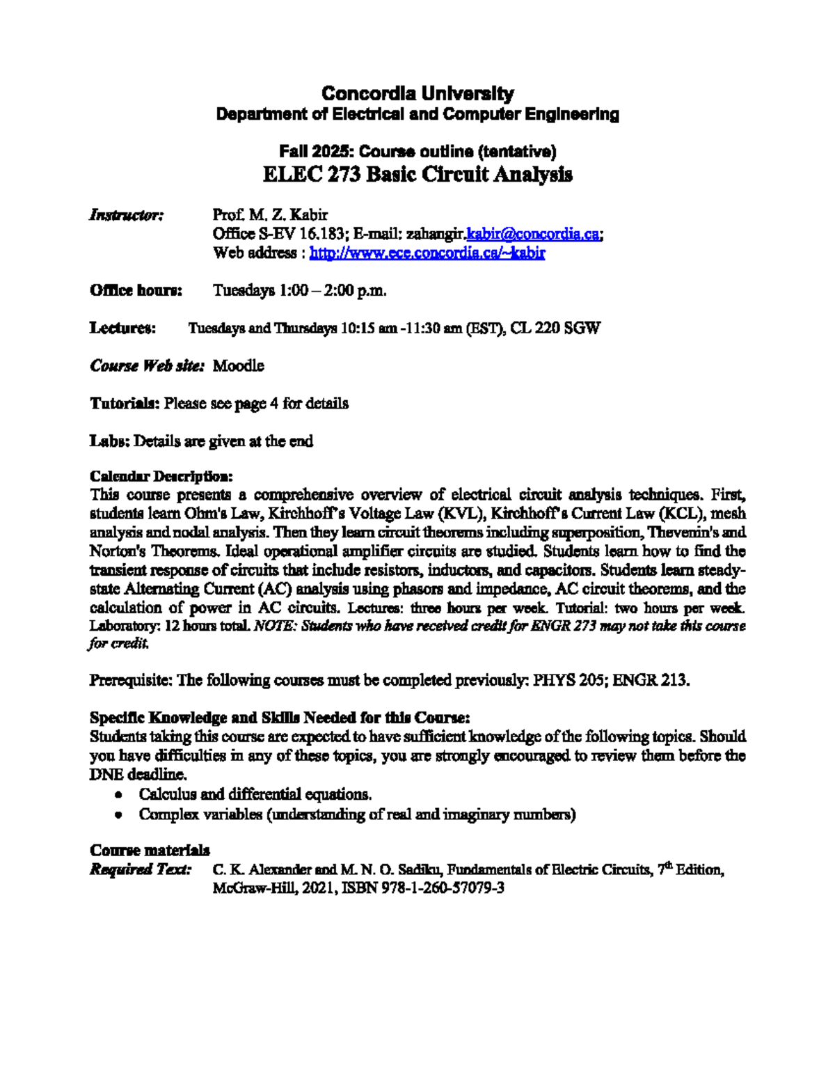 ELEC 273 Course Outline: Basic Circuit Analysis - Fall 2025 - Studocu