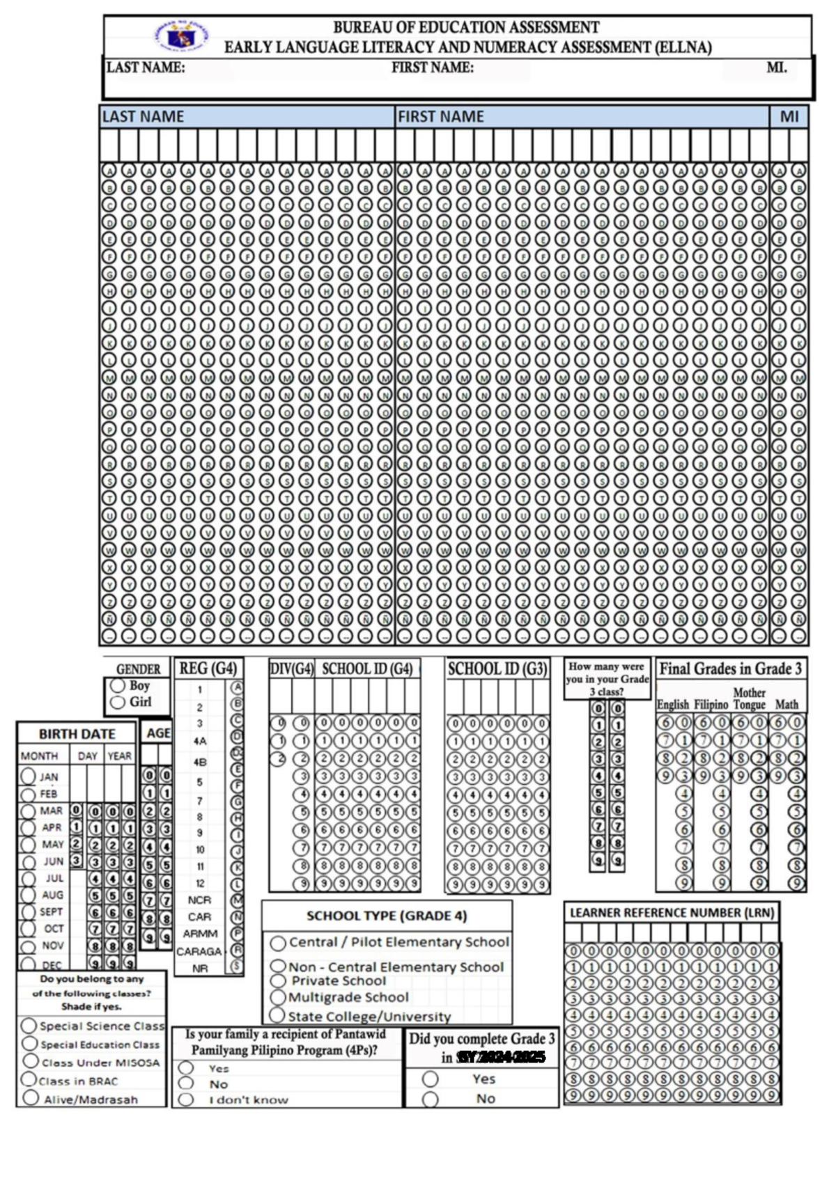ELLNA Answer Sheets for Early Language Literacy & Numeracy Assessment ...
