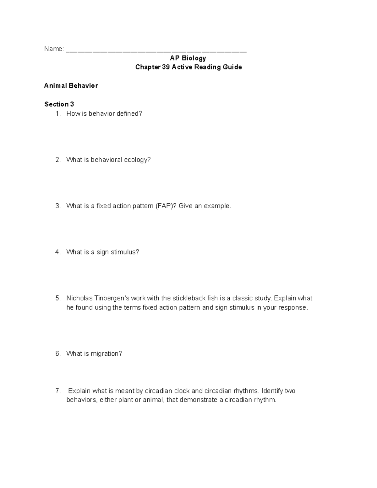 AP Bio Ch 39 Active Reading Guide: Insights on Animal Behavior - Studocu