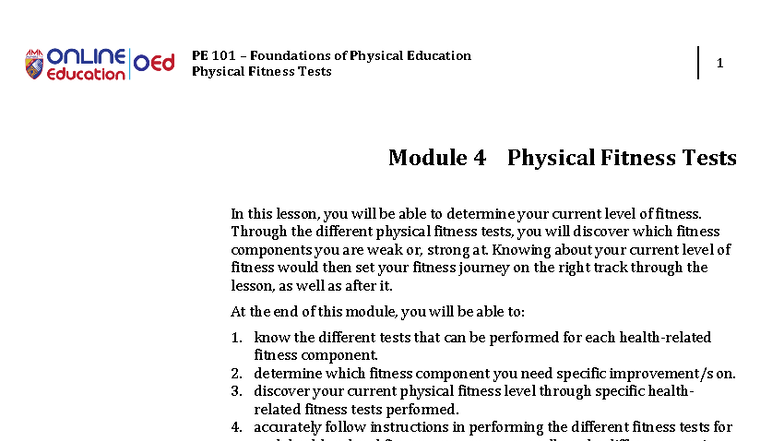 PE 101 Fitness Tests Module 4: Assessing Physical Fitness Levels - Studocu