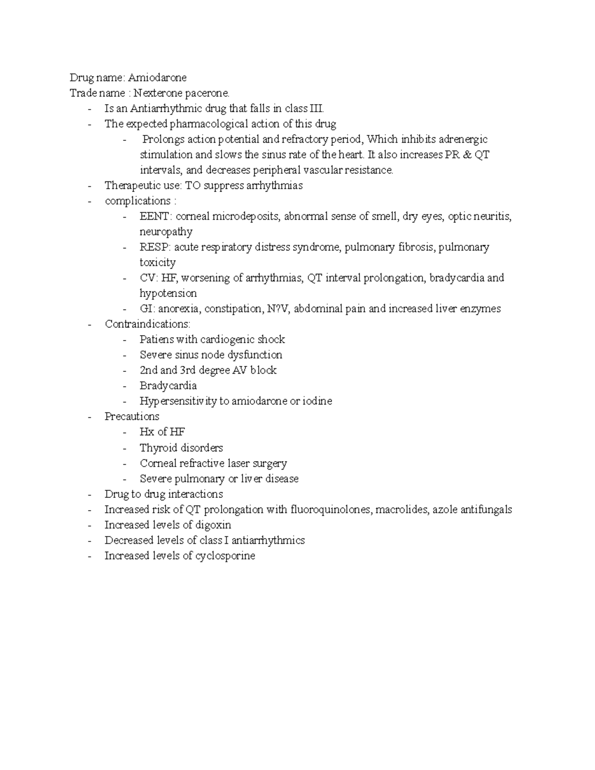 Amiodarone Drug Card - Key Info & Complications for Pharmacology - Studocu