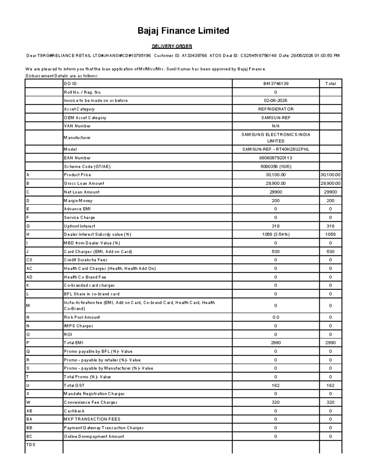 Bajaj Finance Limited Loan Approval Delivery Order - A133439766 - Studocu