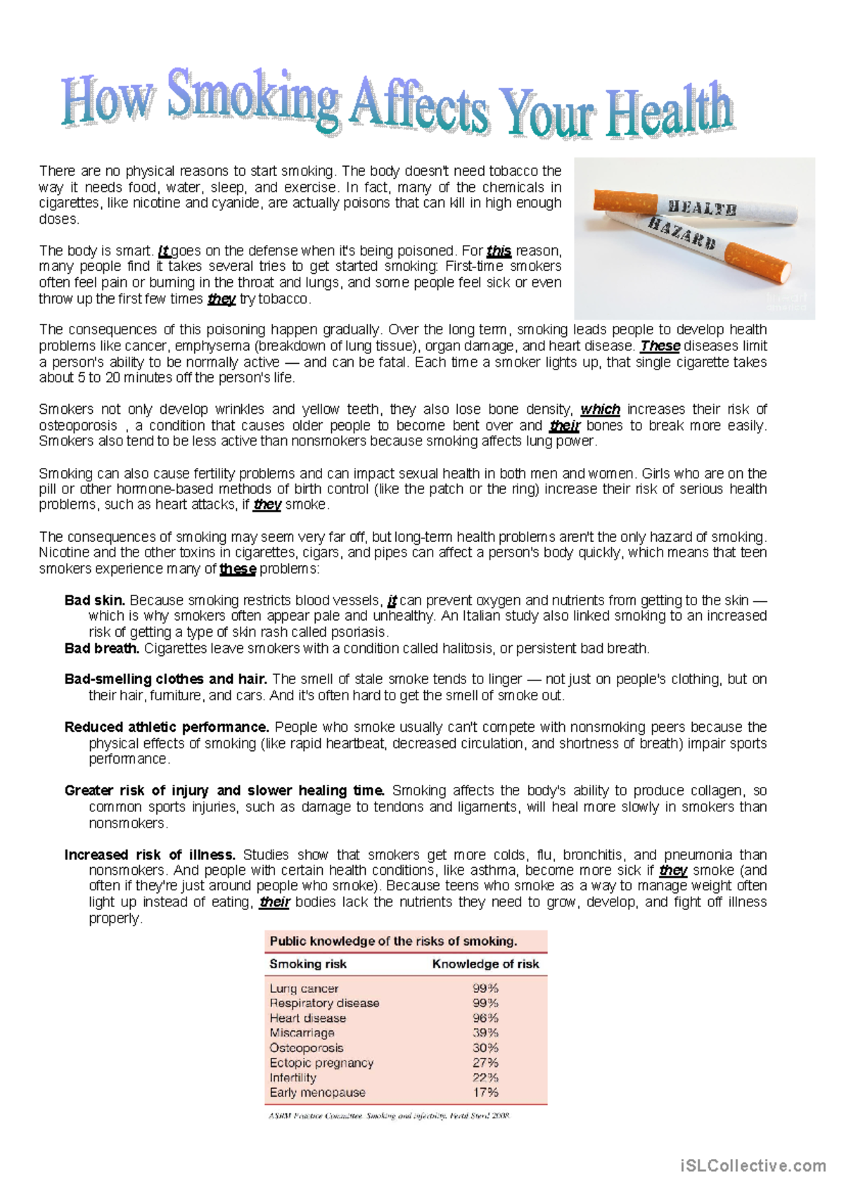 How Smoking Impacts Health - Reading Comprehension Exercise - Studocu