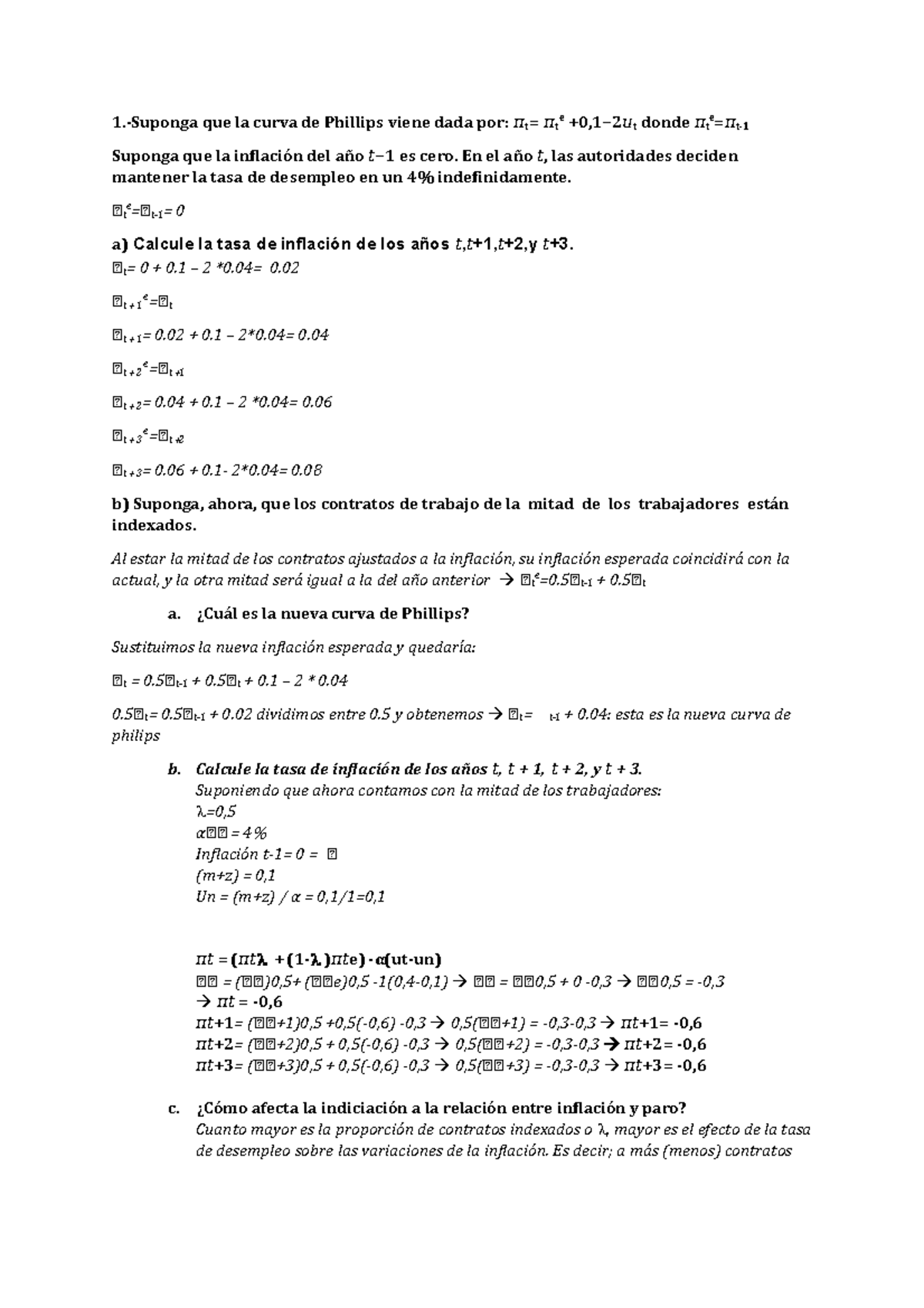 Ejercicio 2 - 1.-Suponga que la curva de Phillips viene dada por: 𝐀 t ...