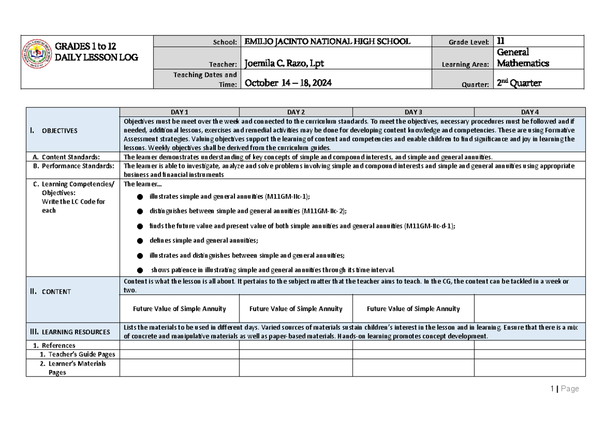 2nd Quarter WEEK 3 GEN - xsgsfasgsgdf - GRADES 1 to 12 DAILY LESSON LOG ...