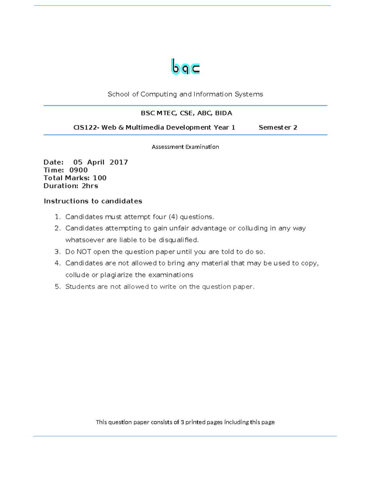 BSC MTEC CSE ABC BIDA Web Multimedia Dev Year 1 Sem 2 Exam QP - Studocu