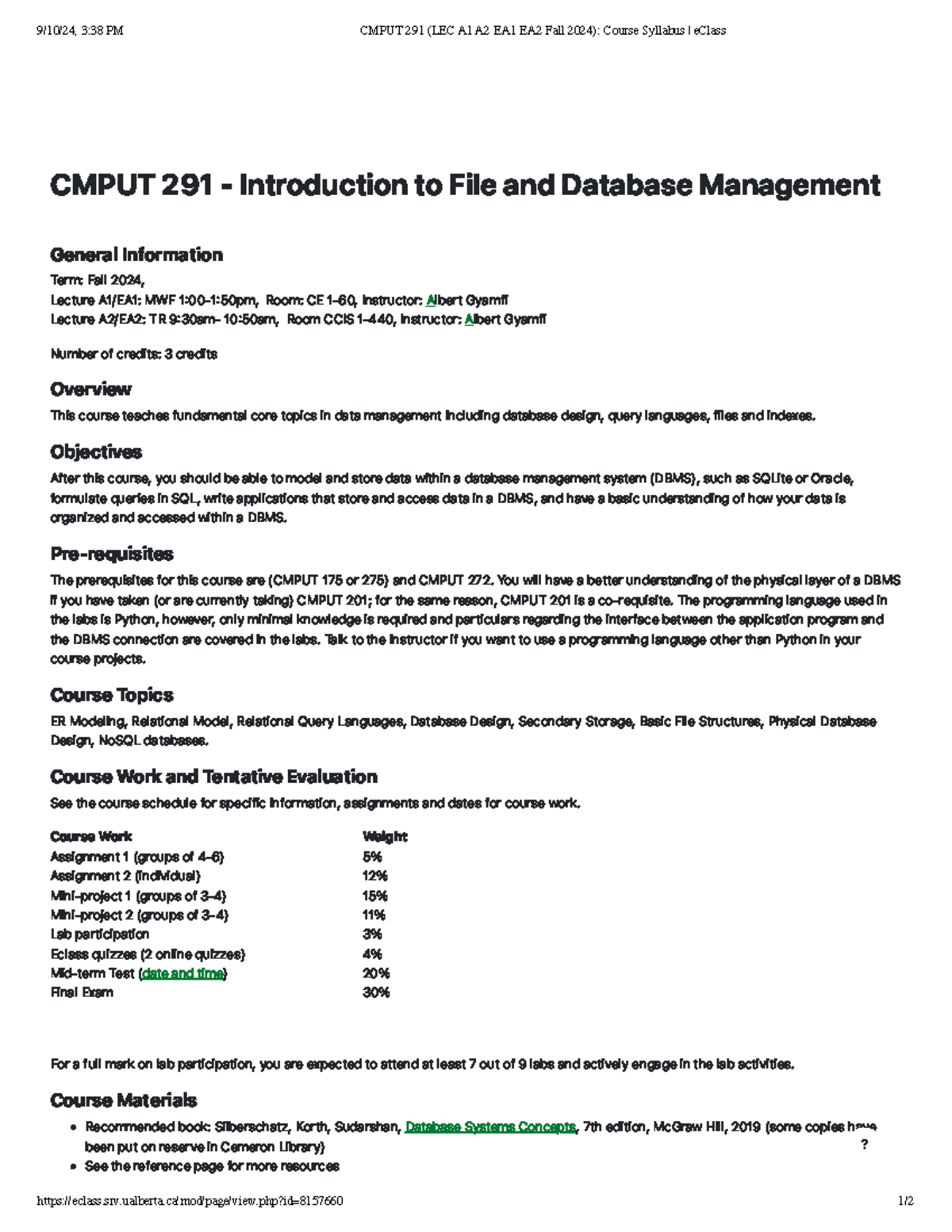 CMPUT 291 (LEC A1 A2 EA1 EA2 Fall 2024): Course Syllabus Overview - Studocu