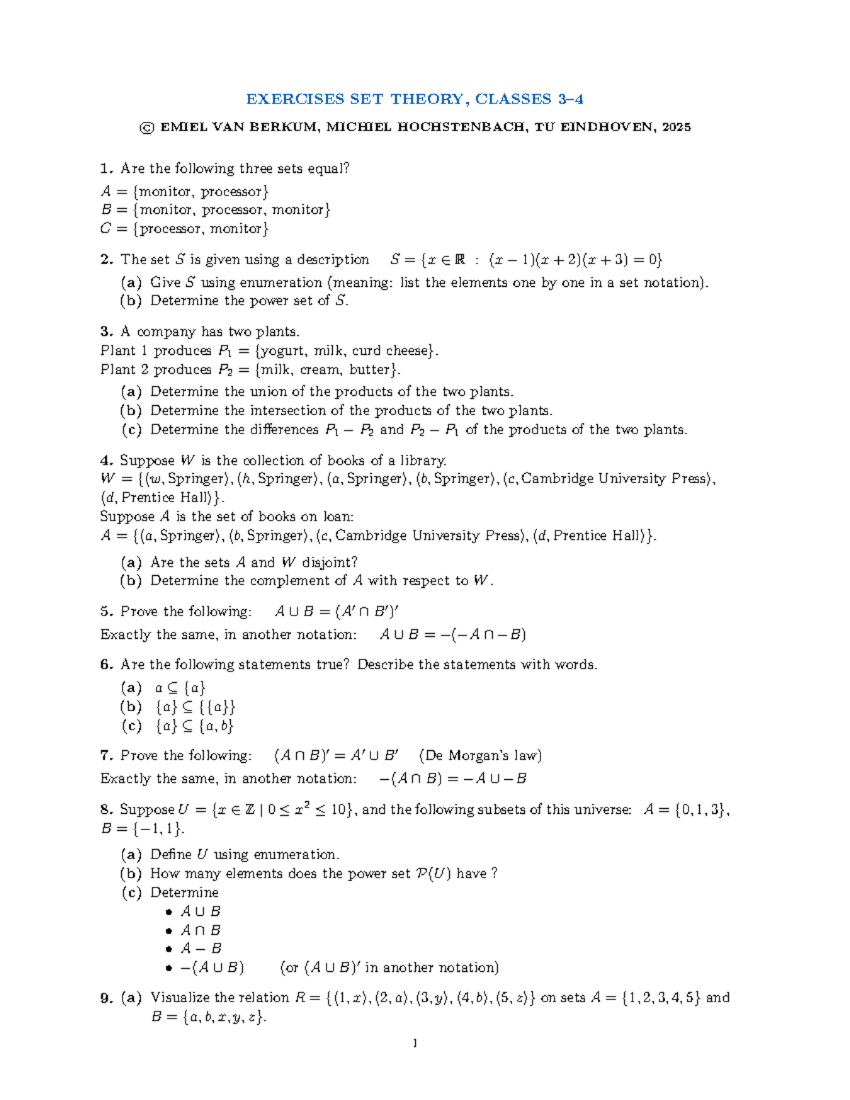 Set Theory Exercises - Classes by Emiel van Berkum & Michiel Hochstenbach (2025) - Studeersnel