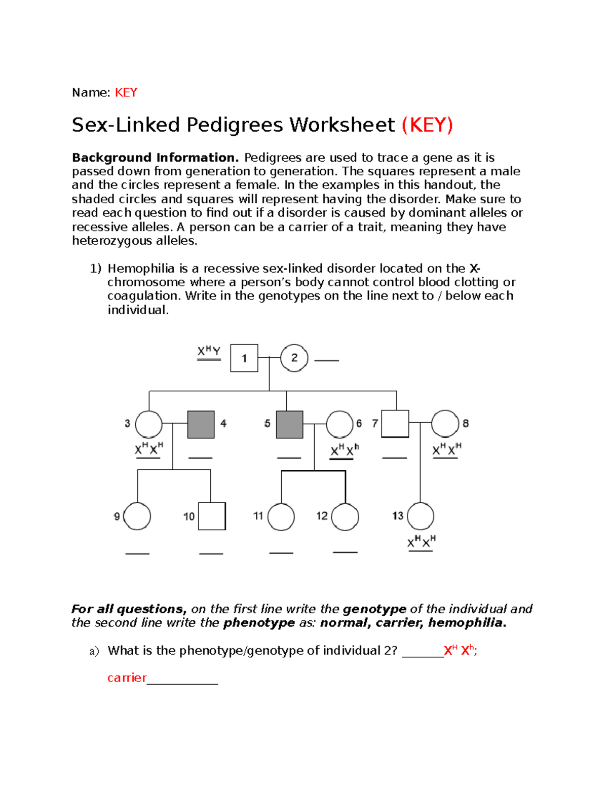 4 13 Sex Link Pedigrees - Name: KEY Sex-Linked Pedigrees Worksheet (KEY ...