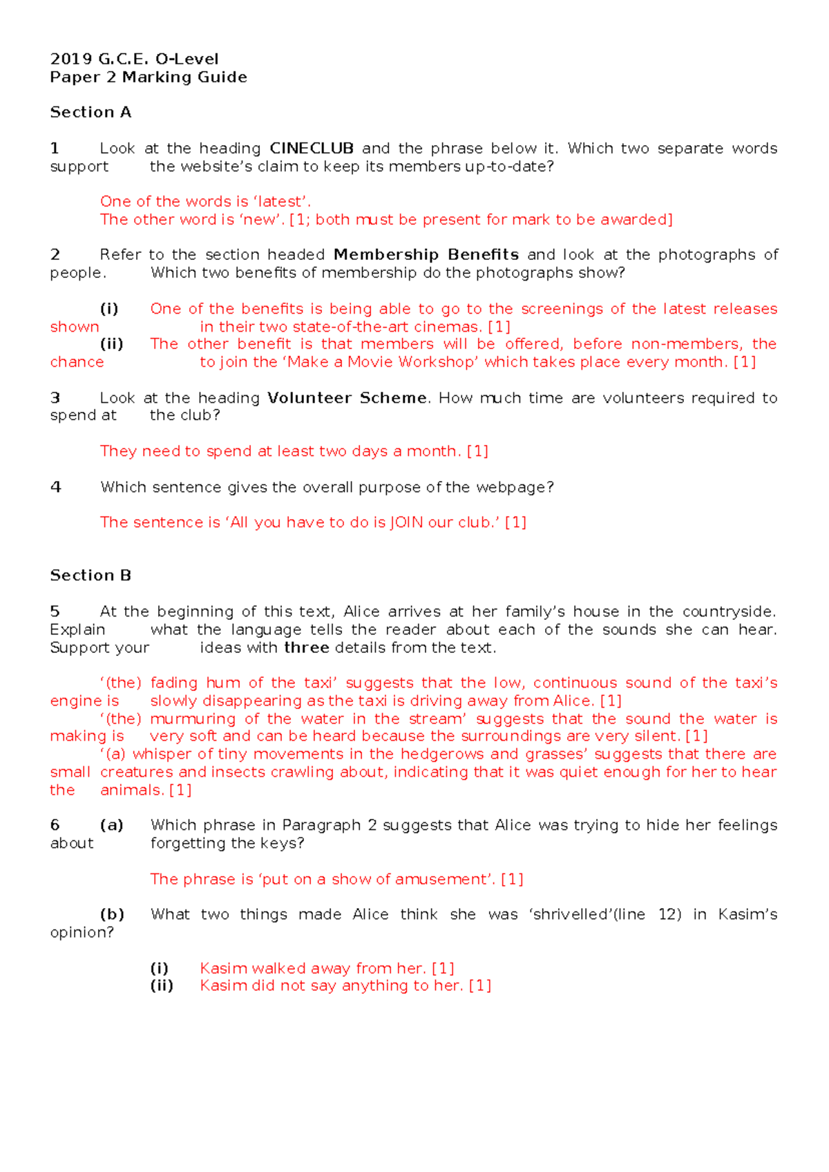 2019 G.C.E. O-Level Paper 2 Marking Guide [Answers] - Studocu