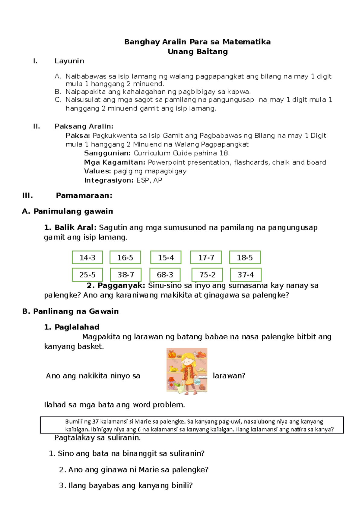 COT MATH Unang Baitang: Pagbabawas Gamit ang Isip na 1 Digit - Studocu