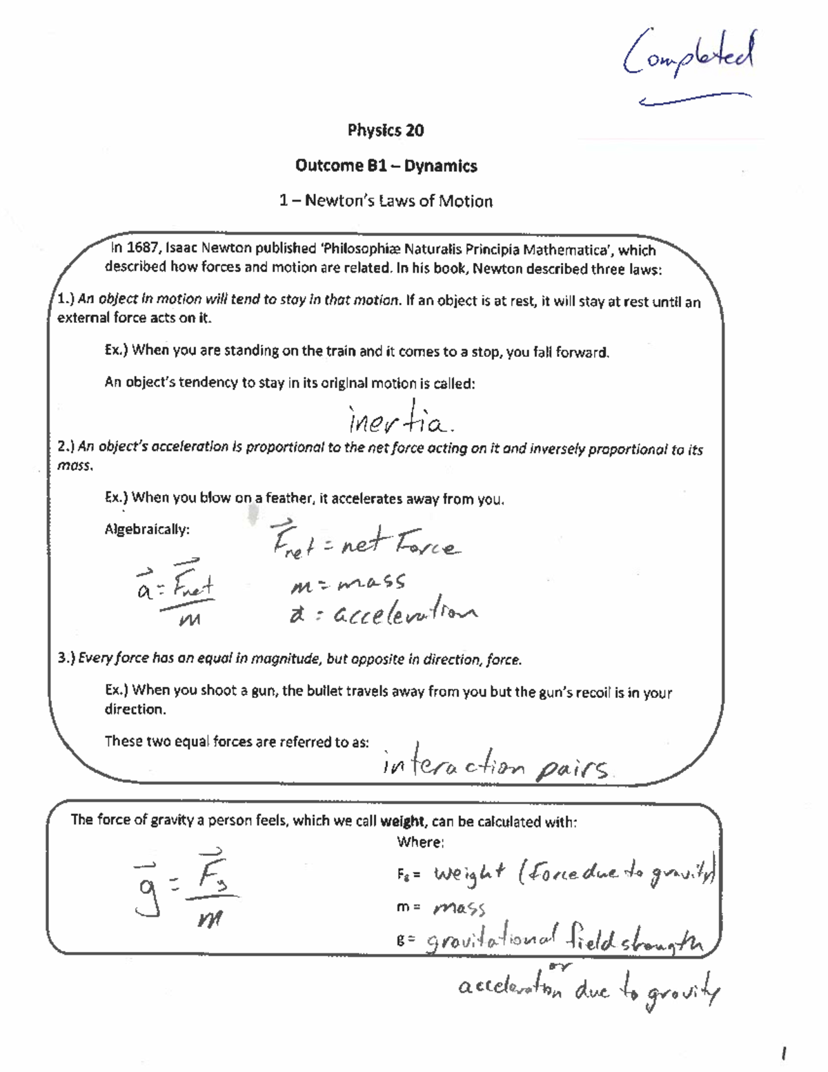 Physics 20 Dynamics Completed Notes on Laws of Motion and Forces - Studocu