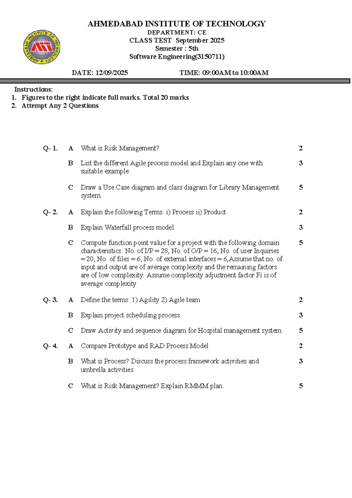 SE 5th Sem Class Test - Software Engineering (3150711) September 2025 ...
