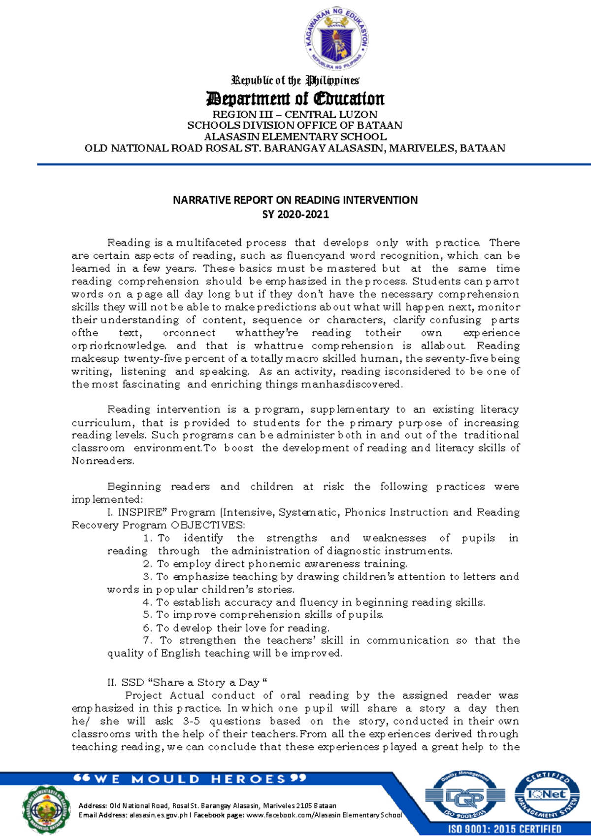 Narrative Report on Reading Intervention SY 2020 2021 - Bachelor of ...