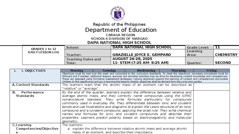 Chem 1 DLL Q2W1 - Chemistry 1 Lesson Plan - Department of Education ...