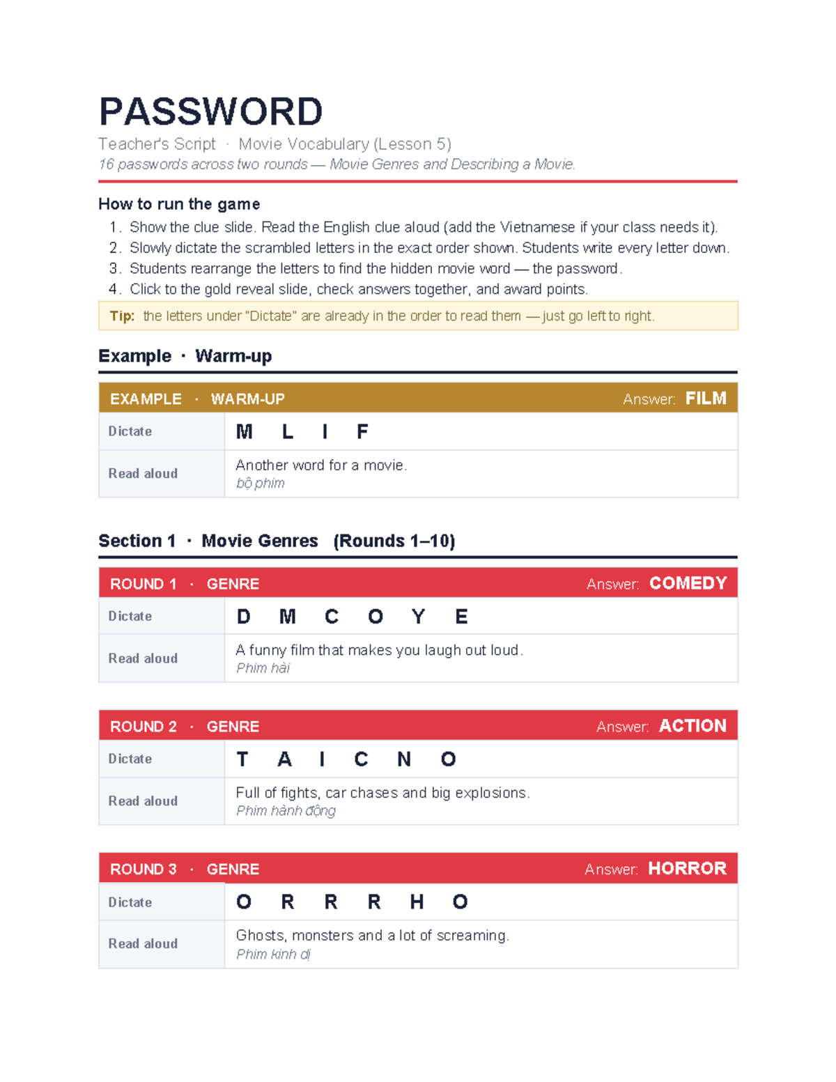 PASSWORD Script Movie Vocabulary (Lesson 5) - Game Instructions - Studocu