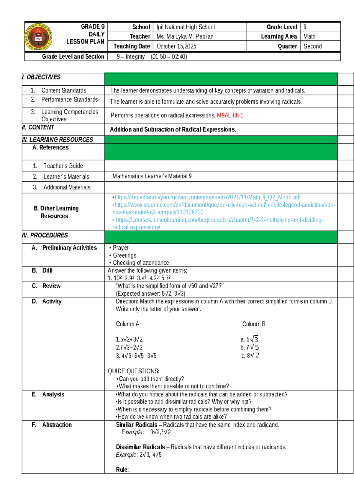 GRADE 9 MATH DAILY LESSON PLAN: VARIATION & RADICALS - Studocu