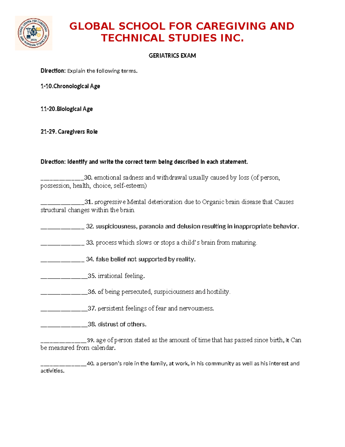 Geriatrics Exam - Global School for Caregiving and Technical Studies ...