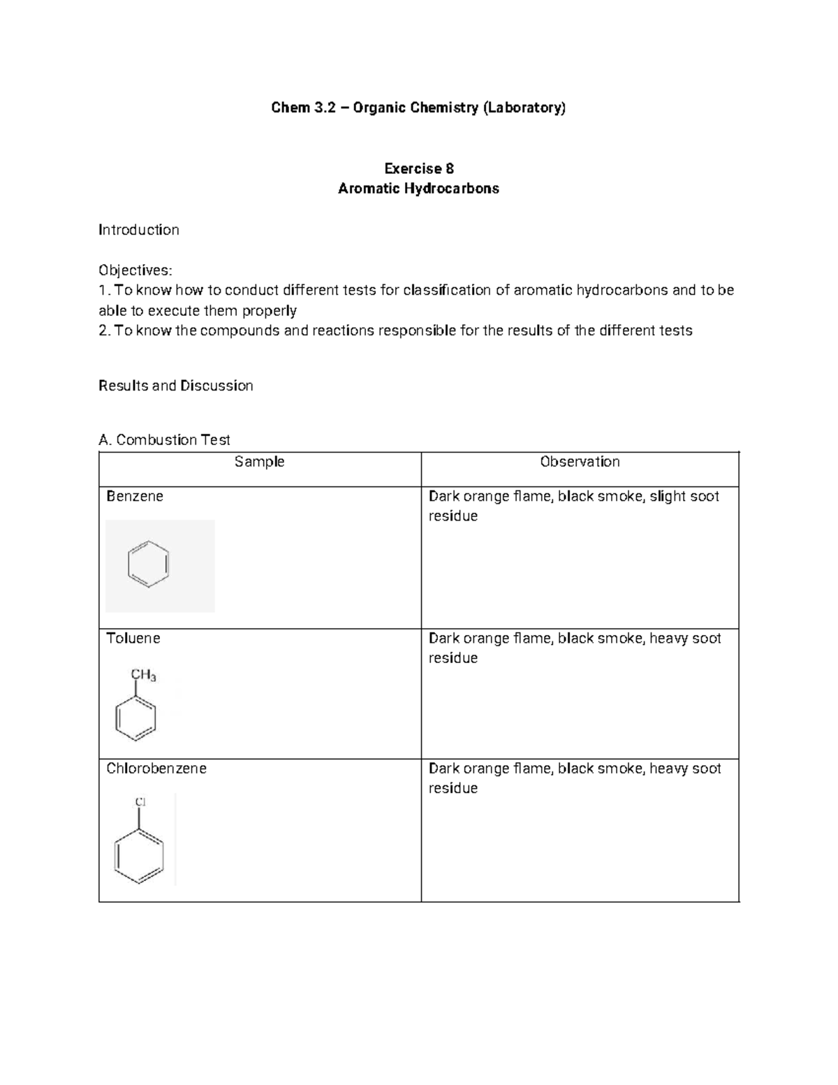 Chem 3.2 Lab Journal: Exp 8 on Aromatic Hydrocarbons Tests - Studocu